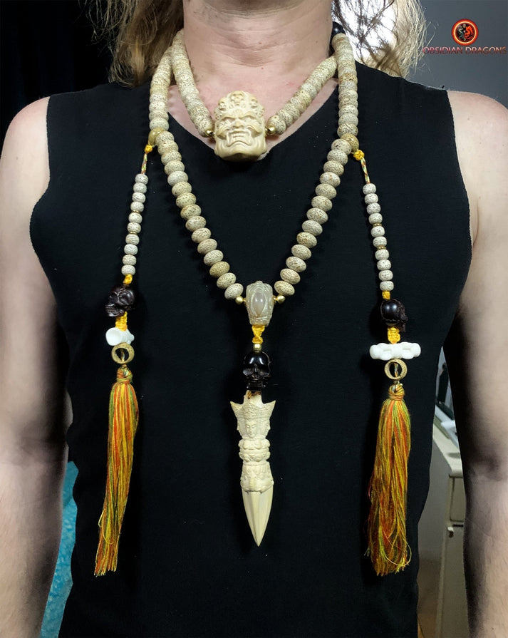Grand mala artisanal- 108 graines de bodhi- Mahakala – obsidian dragons