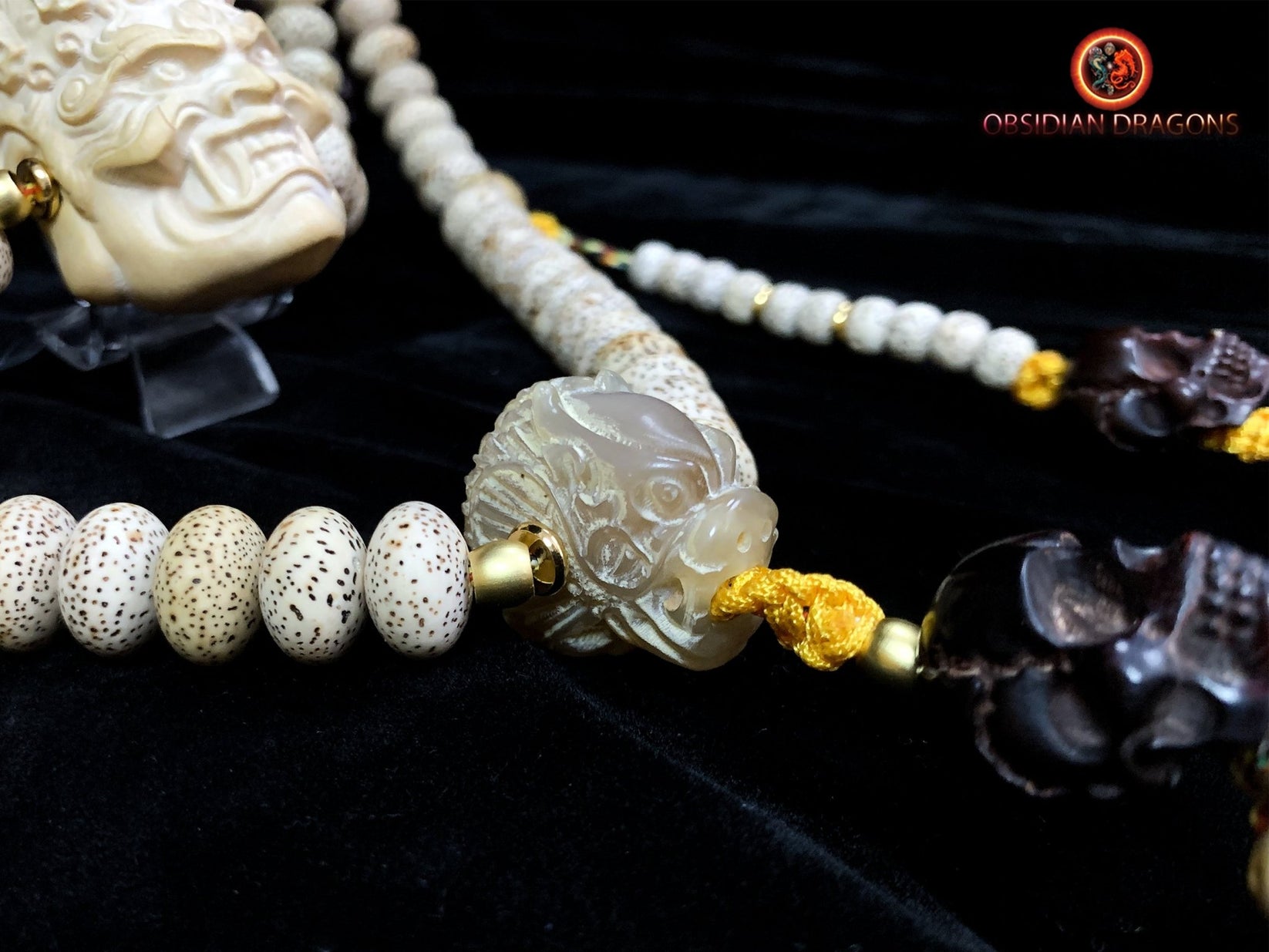 Grand mala artisanal- 108 graines de bodhi- Mahakala – obsidian dragons