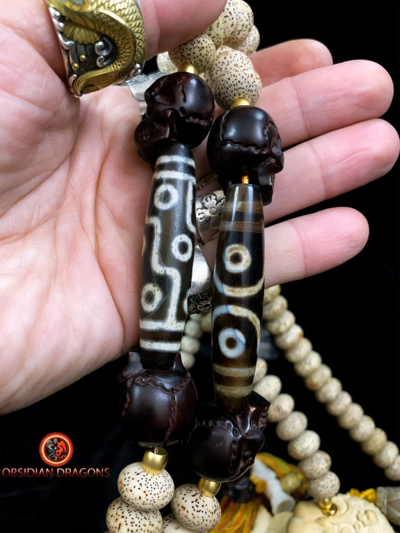 Grand mala artisanal- 108 graines de bodhi- Mahakala – obsidian dragons