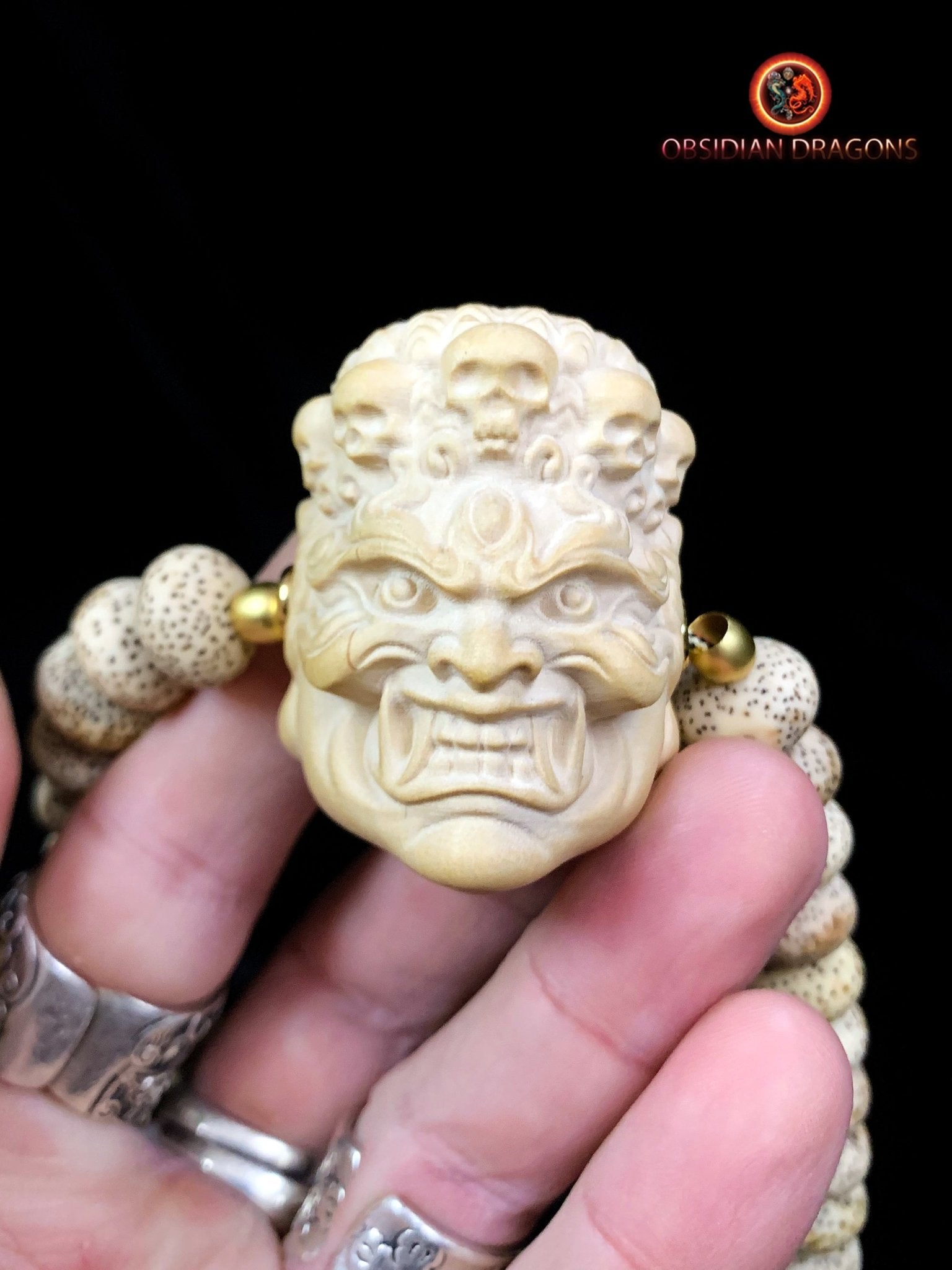 Grand mala artisanal- 108 graines de bodhi- Mahakala – obsidian dragons
