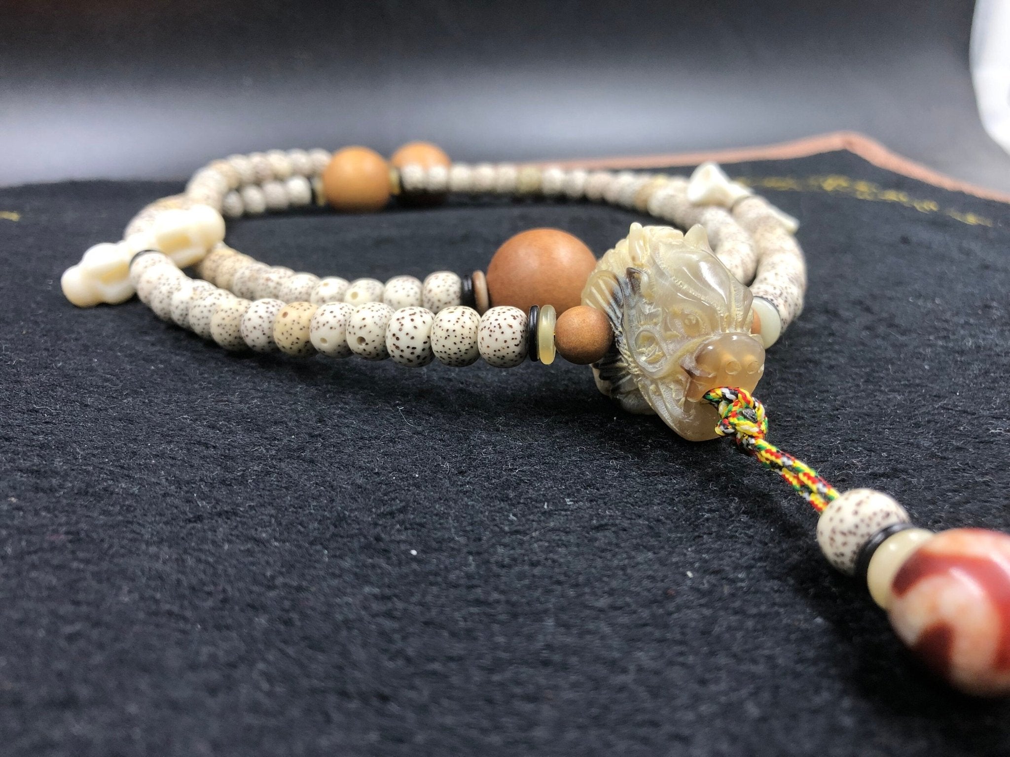 Mala- 108 graines de bodhi- Dragon- Dzi – obsidian dragons